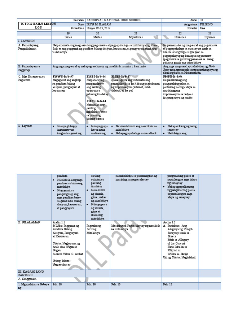 DLL Filipino Grade10 Quarter1 Week3 (Palawan Division) | PDF