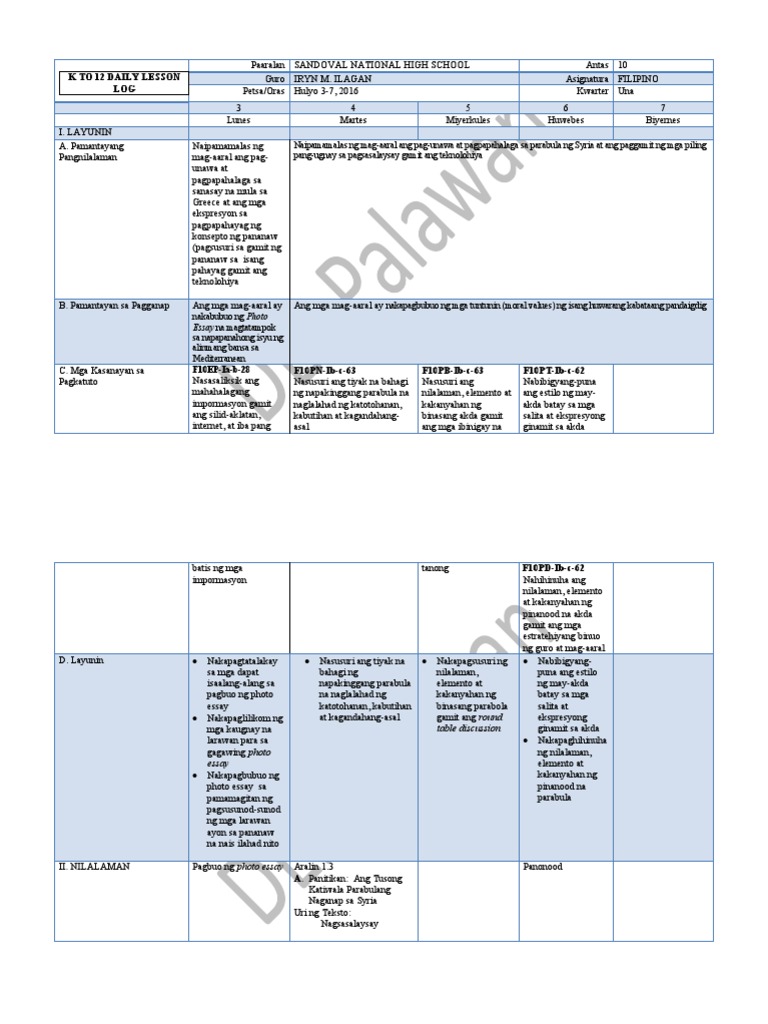 DLL Filipino Grade10 Quarter1 Week5 (Palawan Division) | PDF