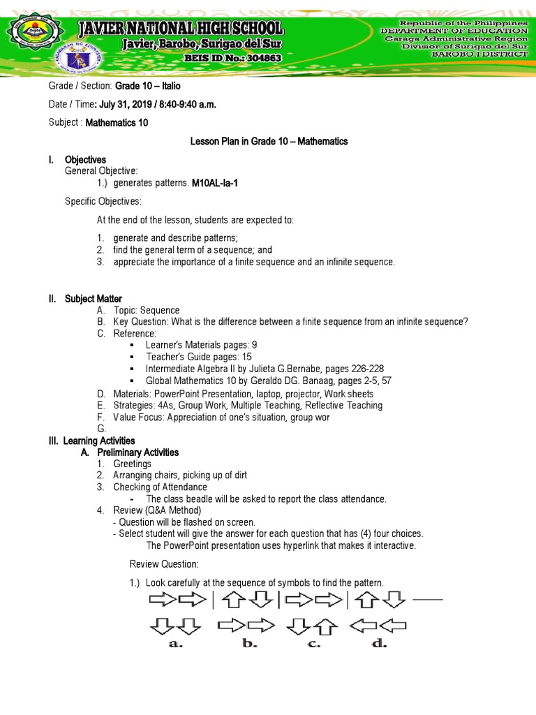 Grade 10 Math Lesson: Sequences and Patterns | PDF | Sequence | Group ...