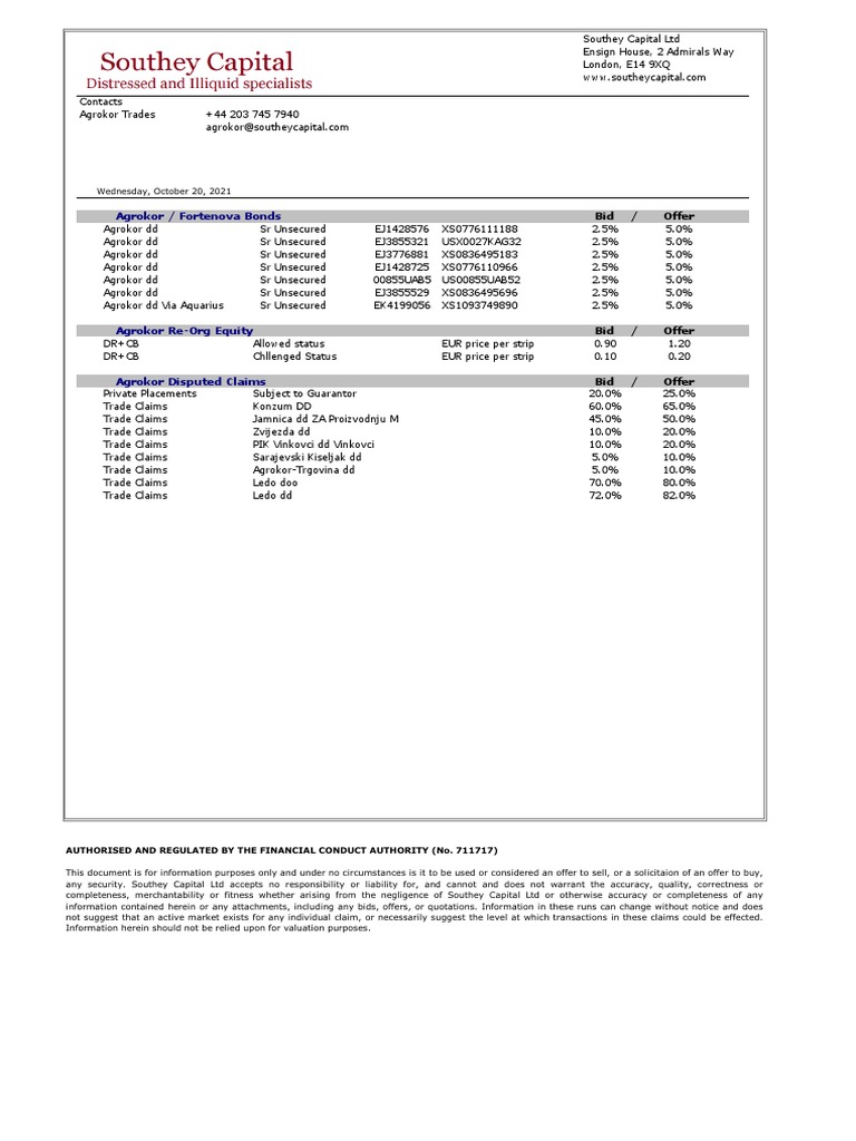 Southey Capital - Fortenova / Agrokor Pricing | PDF | Financial Markets | Financial Economics