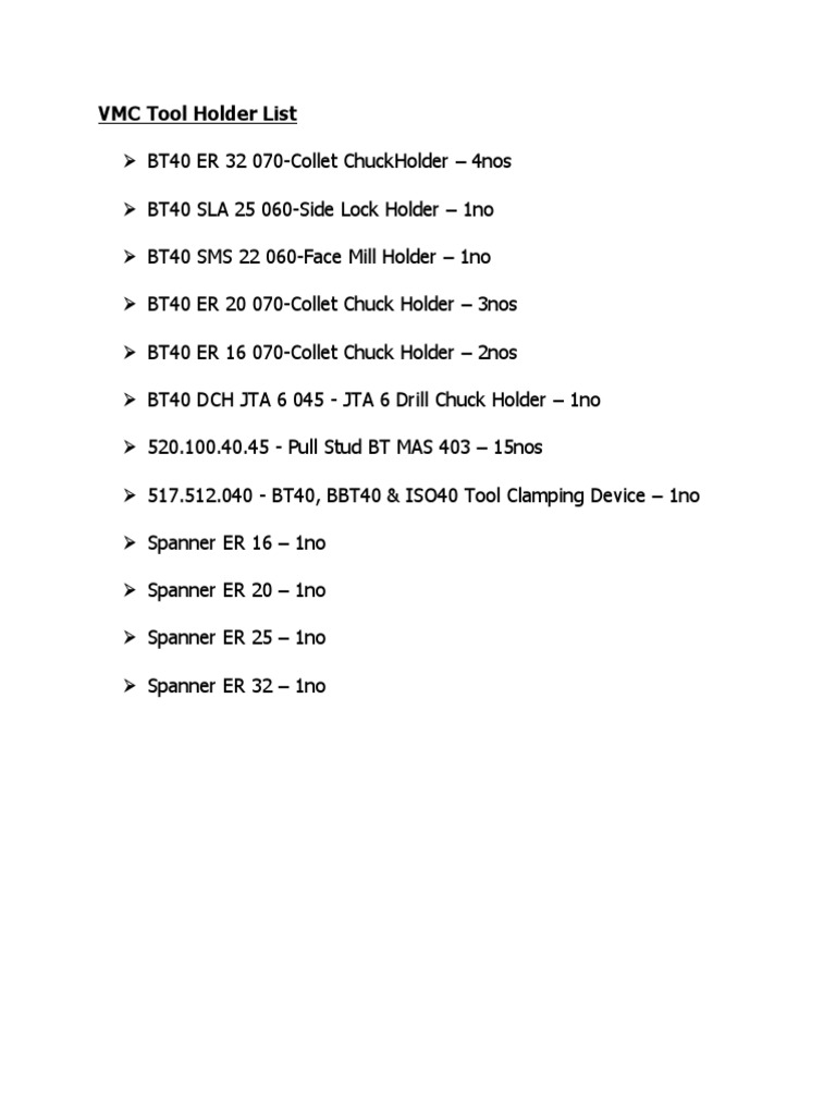 VMC Tool Holder List | PDF