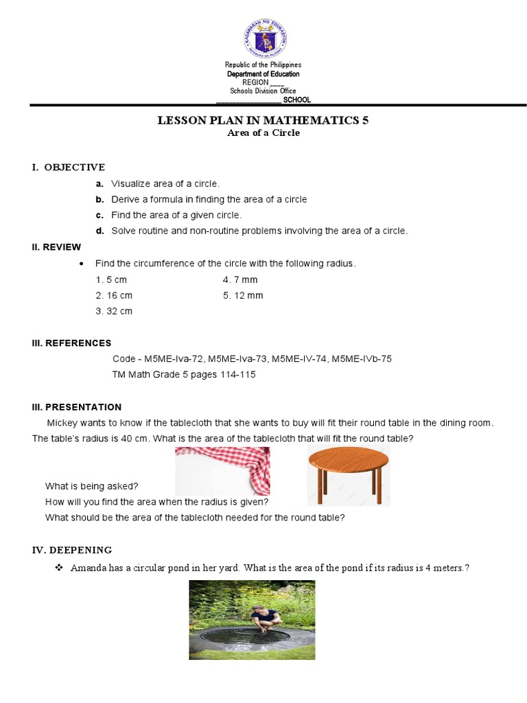 Lesson Plan in Mathematics 5: Area of A Circle | PDF | Area | Metrology