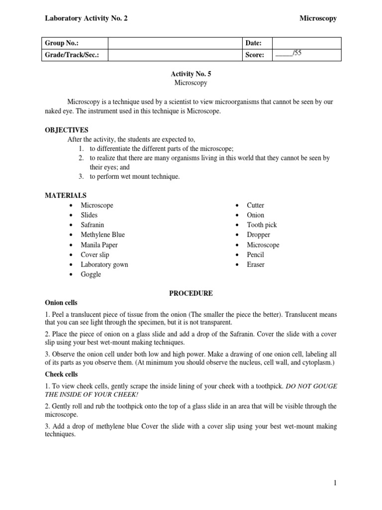 Microscopy Lab Activity Guide | PDF | Cell (Biology) | Microscope