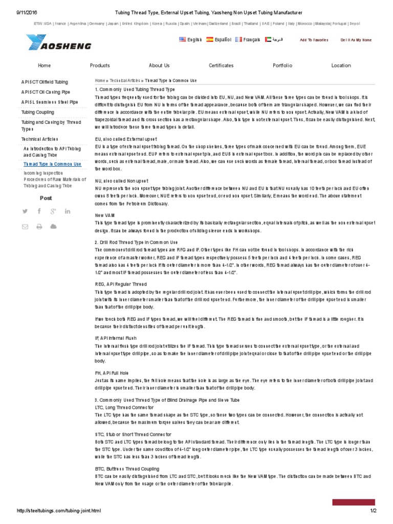 Tubing Thread Type, External Upset Tubing, Yaosheng Non Upset Tubing ...