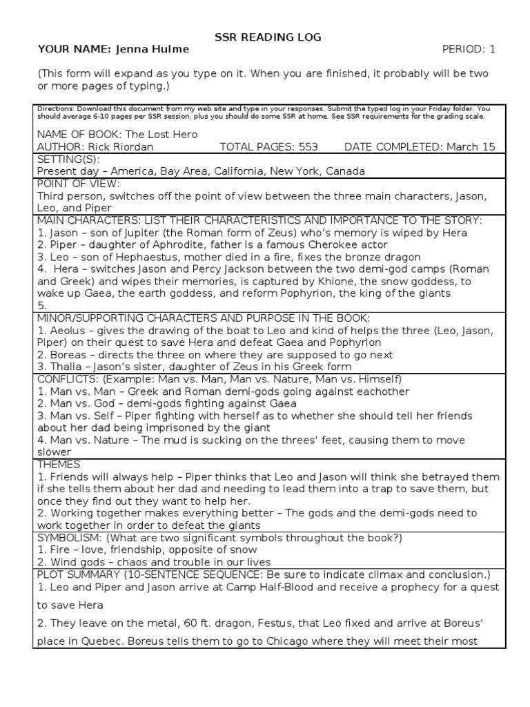 Reading Log For THe Lost Hero | PDF | Greek Mythology | Mythology