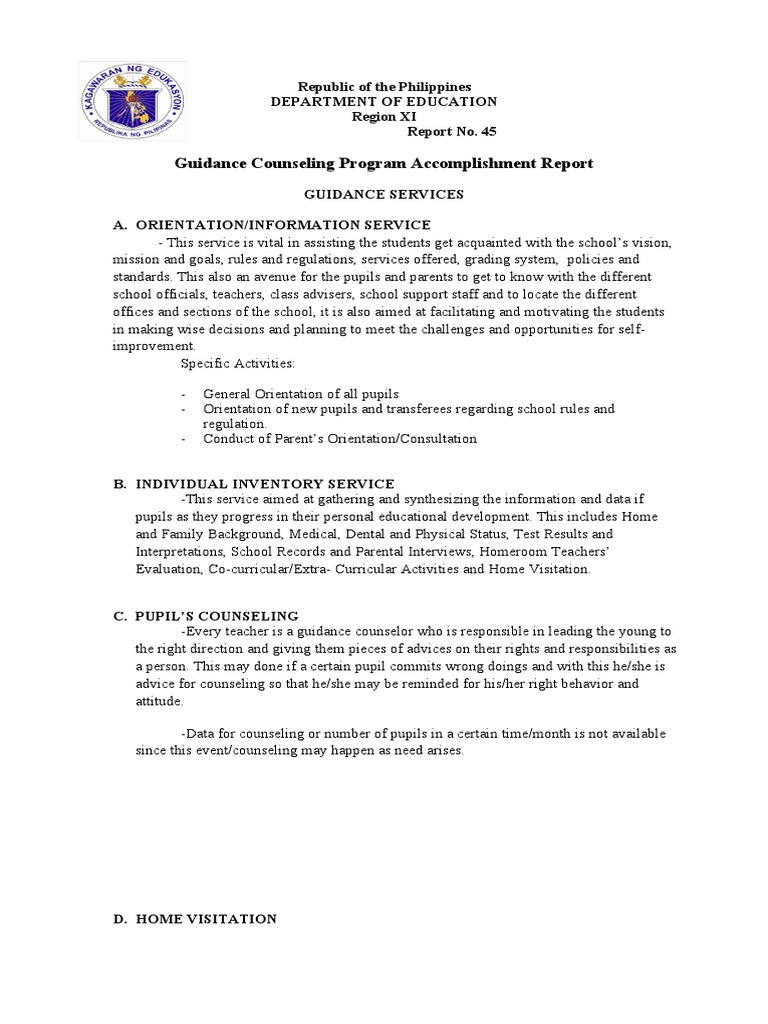 Guidance Counseling Program Accomplishment Report | PDF | Teachers ...
