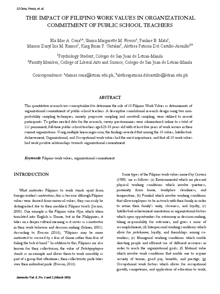 Filipino Work Values and Teacher Commitment | PDF | Dependent And ...