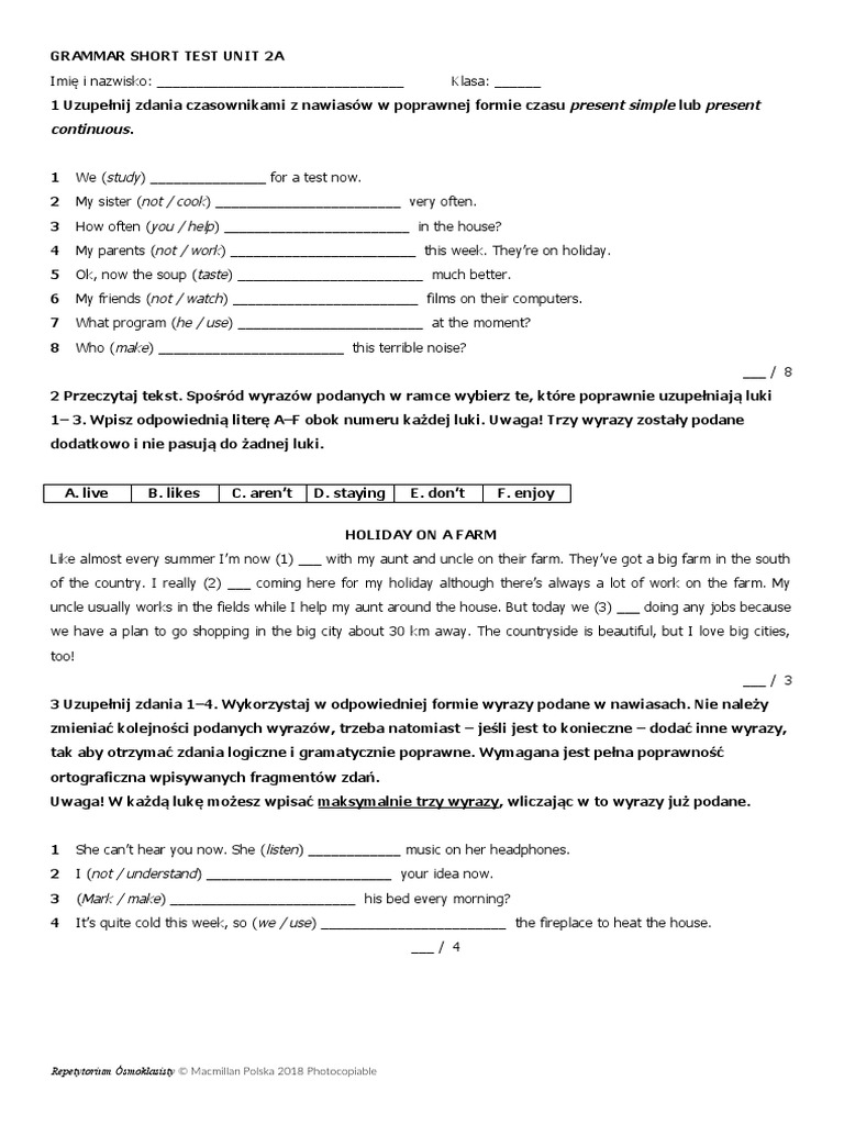Grammar Short Test - Unit - 2A&2B | PDF