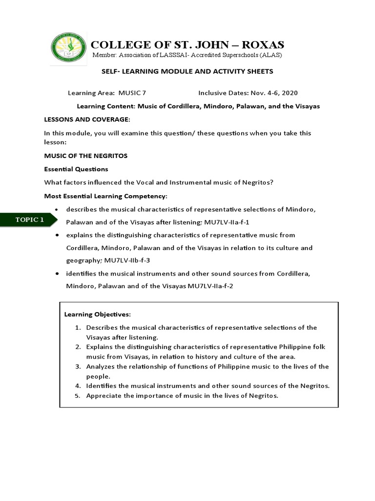 College of St. John - Roxas: Self-Learning Module and Activity Sheets | PDF