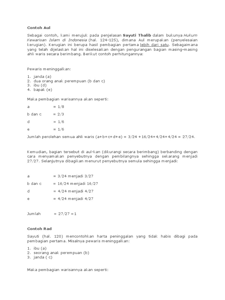 Contoh Aul Dan Radd Dalam Waris | PDF