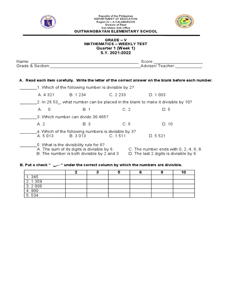 11weekly Test in Math Week 1 4 Q1 | PDF | Elementary Mathematics ...