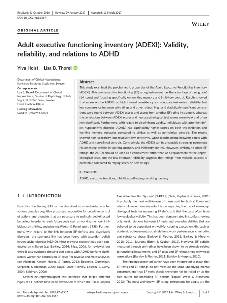 Adult Executive Functioning Inventory (ADEXI) Validity, Reliability ...