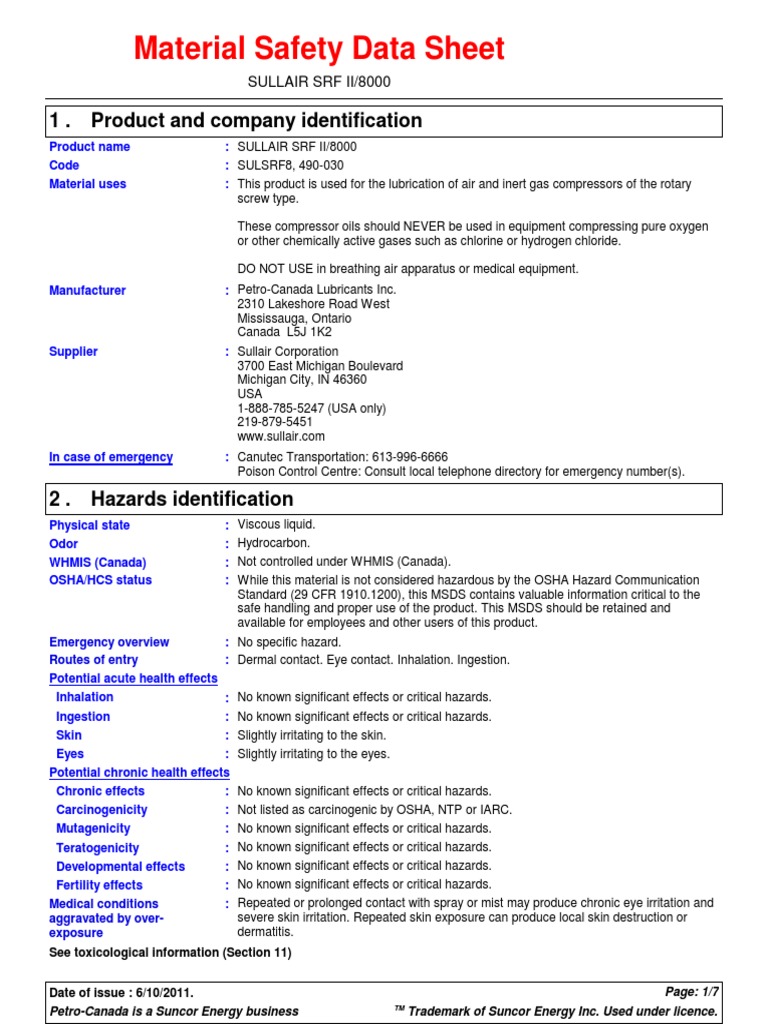 Material Safety Data Sheet: Product and Company Identification 1 | PDF ...
