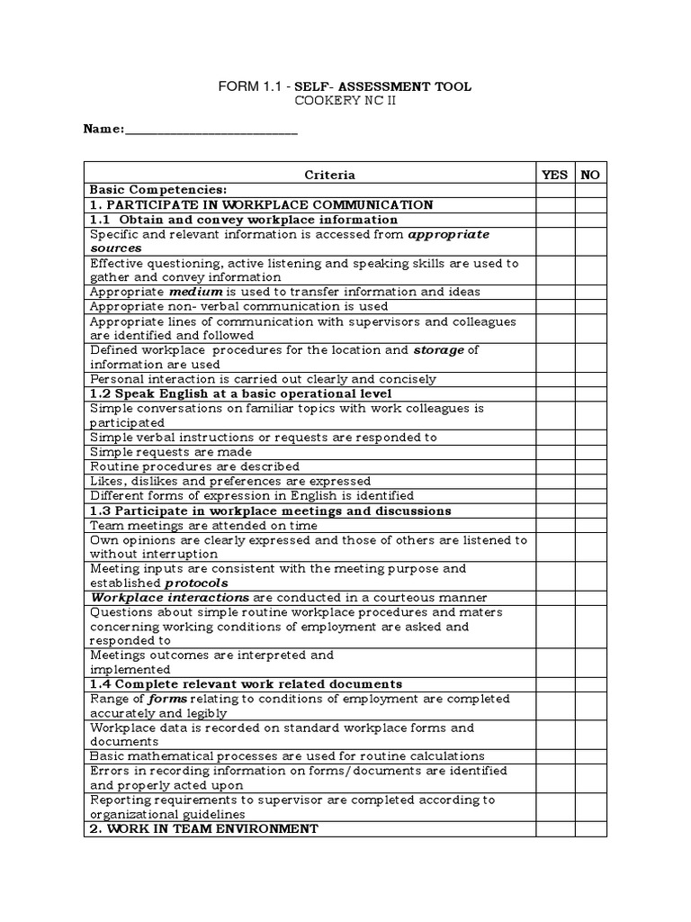 Form 1.1 Self - Assessment Tool | PDF | Occupational Safety And Health ...