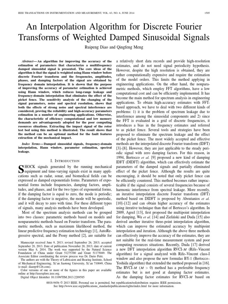 An Interpolation Algorithm For Discrete Fourier Transforms of Weighted Damped Sinusoidal Signals ...