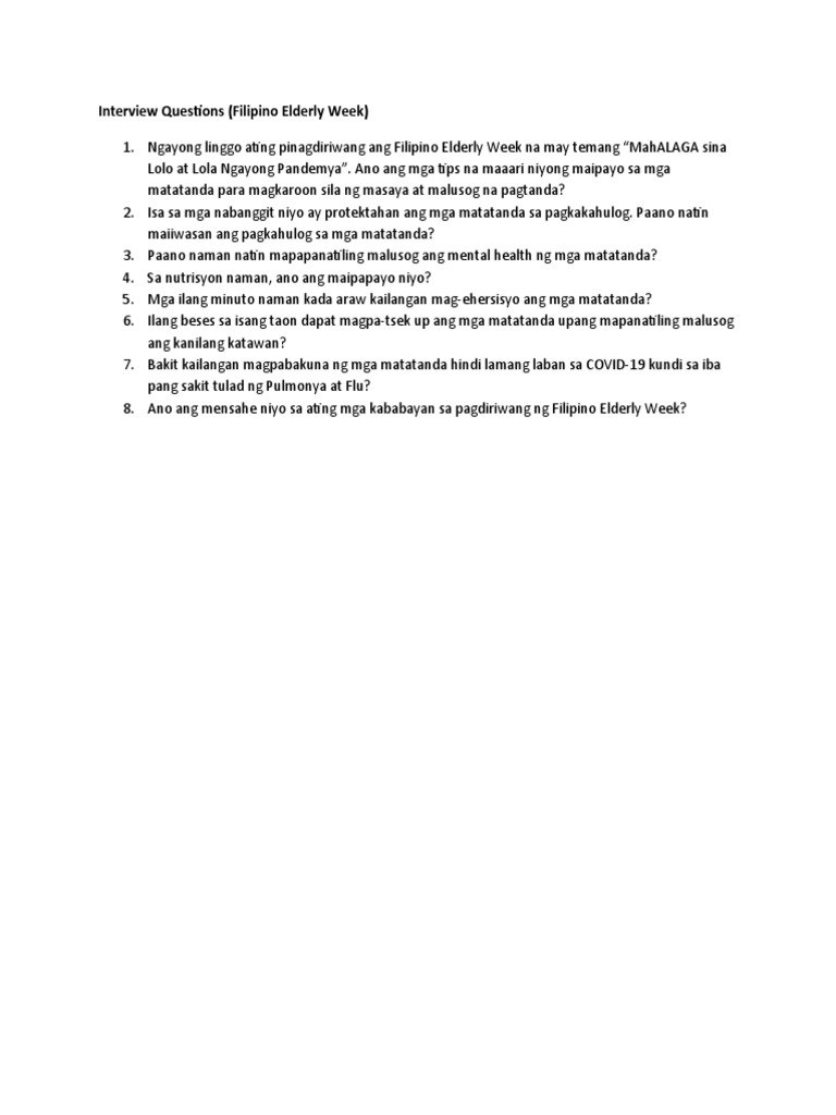 Interview Questions (Filipino Elderly Week) | PDF