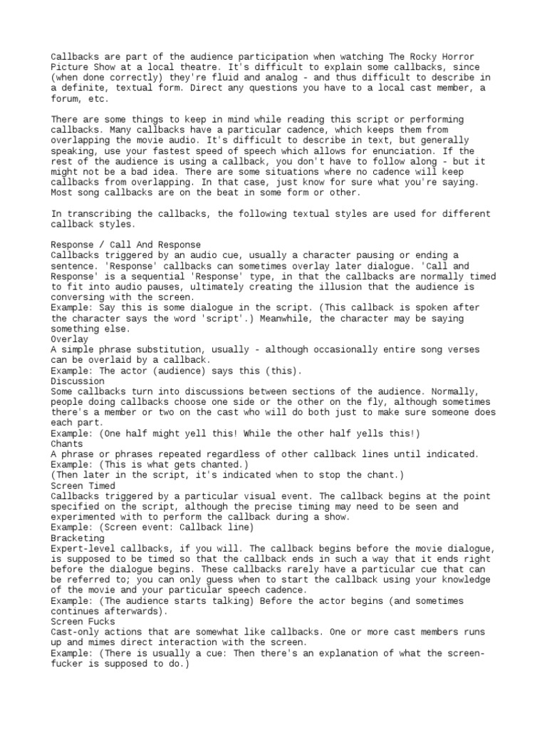 Rocky Horror Audience Script | PDF