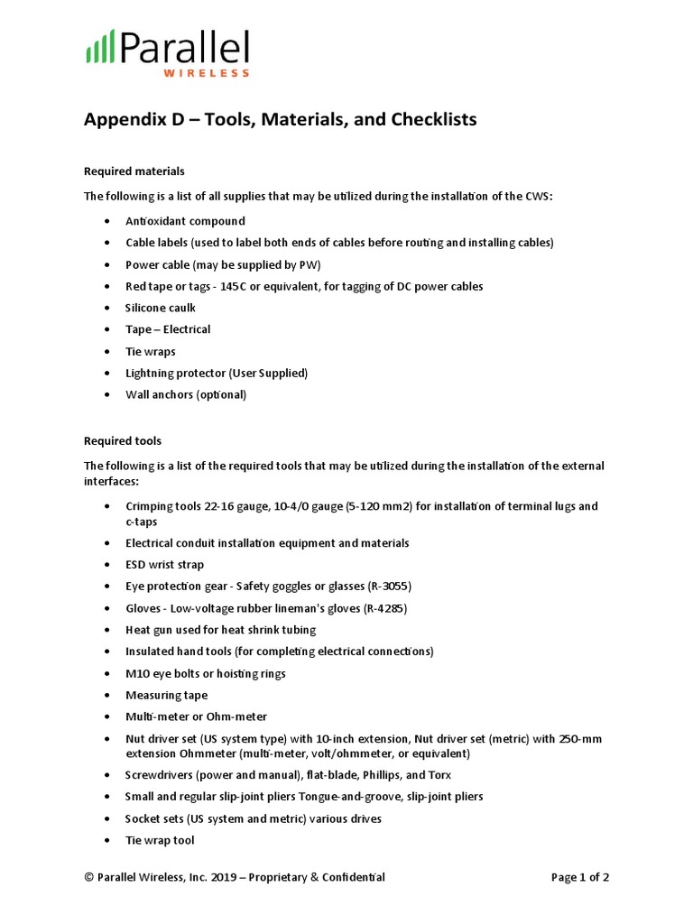 3 Appendix D Tools Required and Checklist | PDF | Electronics | Electricity
