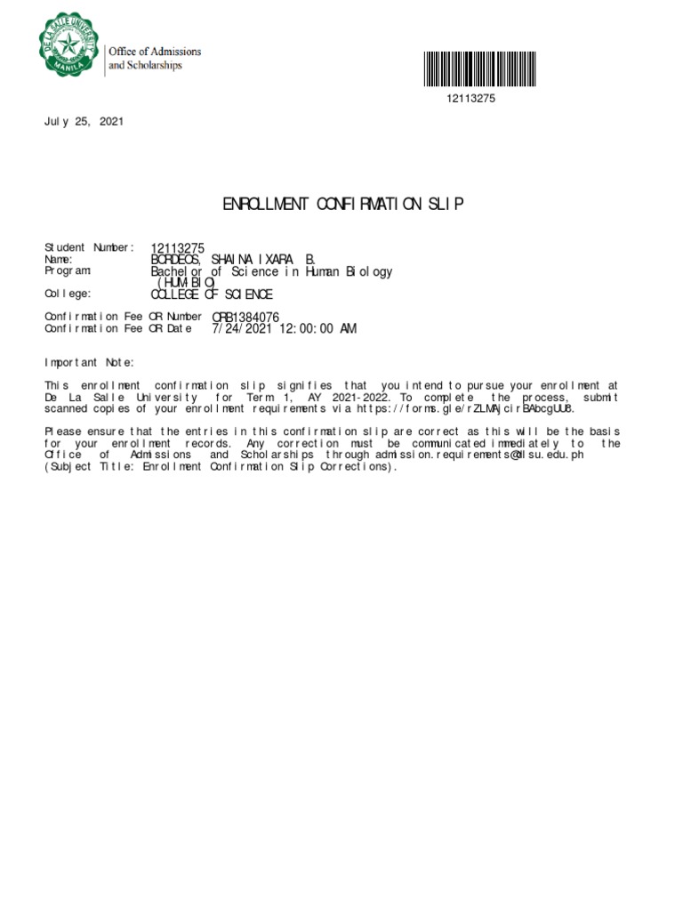 DLSU Enrollment Confirmation Slip | PDF