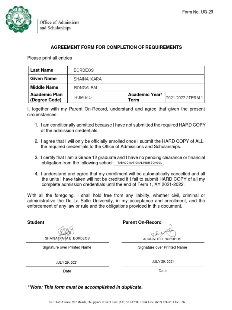Completion of Requirements Agreement Form | PDF