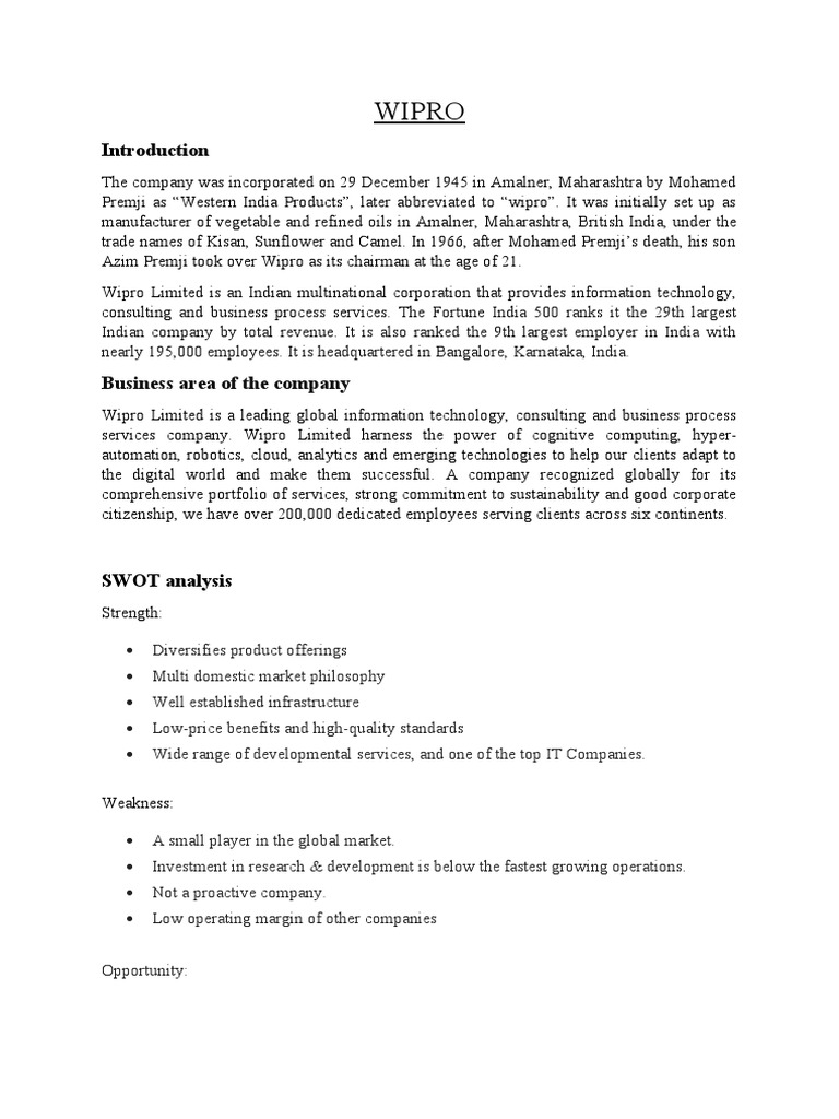 Wipro: Business Area of The Company | PDF | Economies | Business