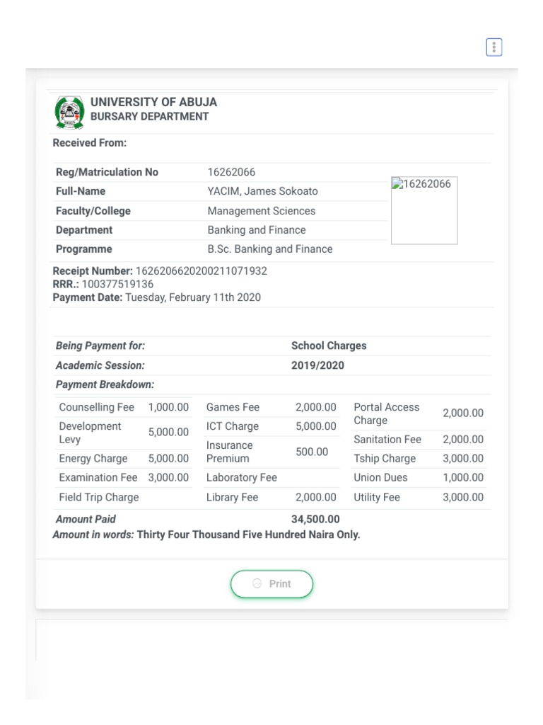 University of Abuja School Fees Reciept | PDF | Technology & Engineering