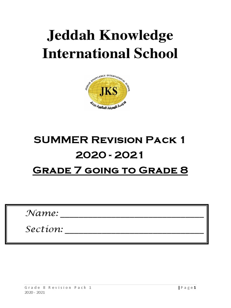 English Grade 8 Summer Revision Pack 1 | PDF | Cognition