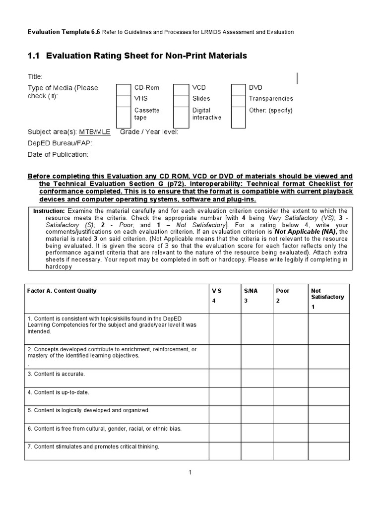 Evaluation Rating Sheet For Non Print | PDF | Evaluation | Educational ...