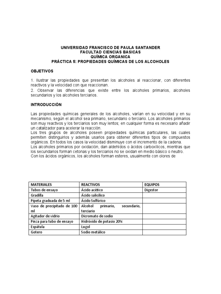 Practica 5 Propiedades Quimicas de Los Alcoholes | PDF | Alcohol | Ácido