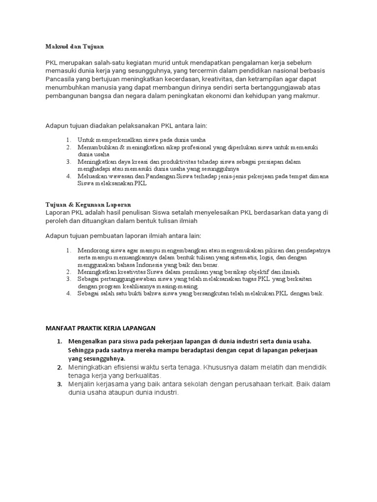 Tujuan dan Manfaat Laporan PKL | PDF