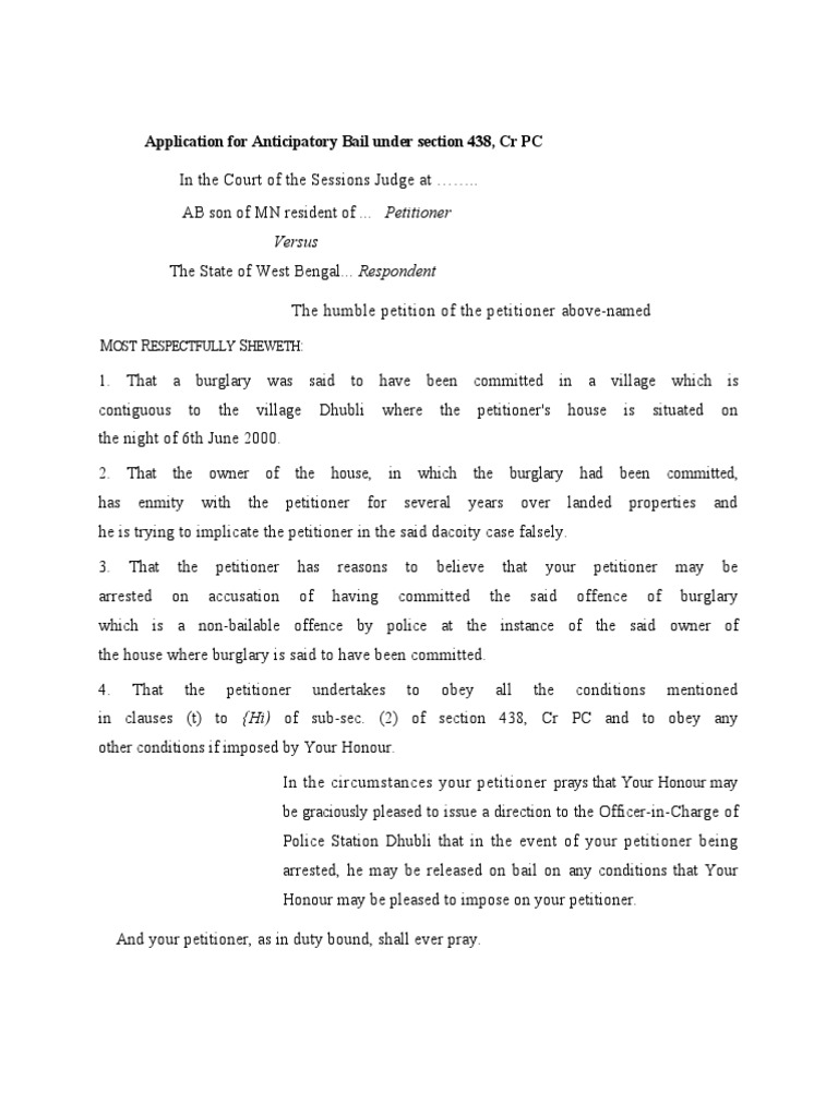 Application For Anticipatory Bail Under Section 438 | Download Free PDF ...
