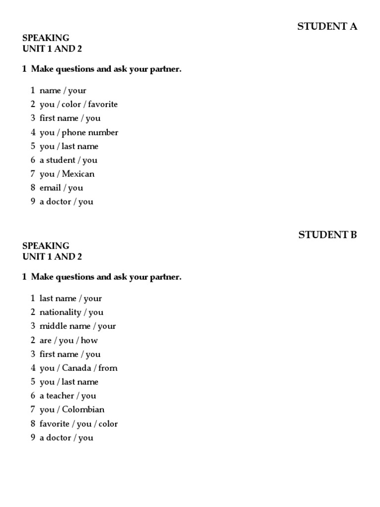 Speaking Unit 1 and 2 1 Make Questions and Ask Your Partner | PDF ...