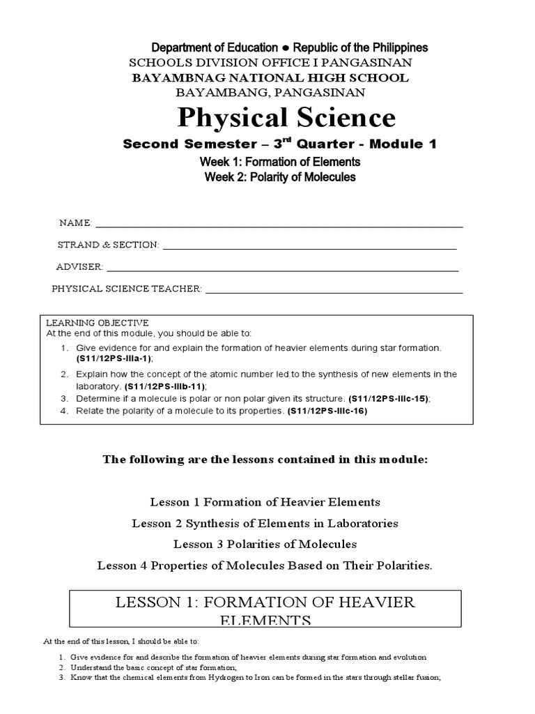 PhySci Module 1 Week1&2 | PDF | Chemical Polarity | Chemical Elements