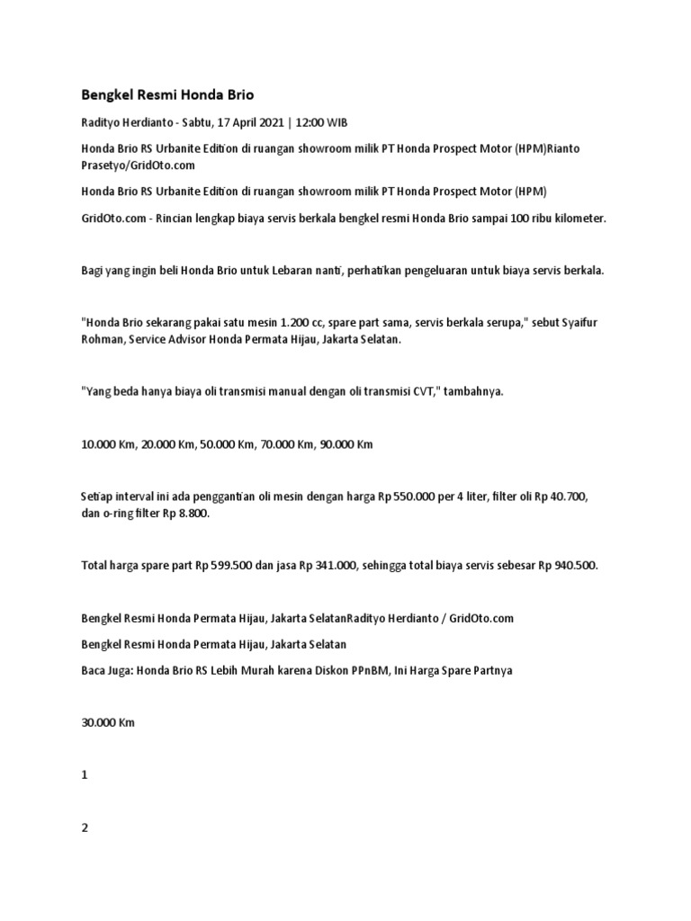 Bengkel Resmi Honda Brio | PDF