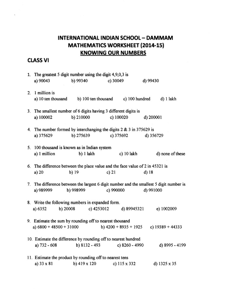 CBSE Class 6 Knowing Our Numbers Worksheet | PDF