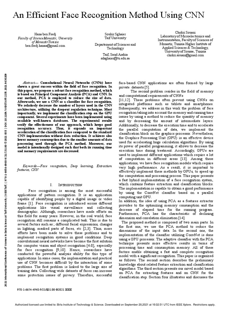 An Efficient Face Recognition Method Using CNN | PDF | Principal Component Analysis | Parallel ...