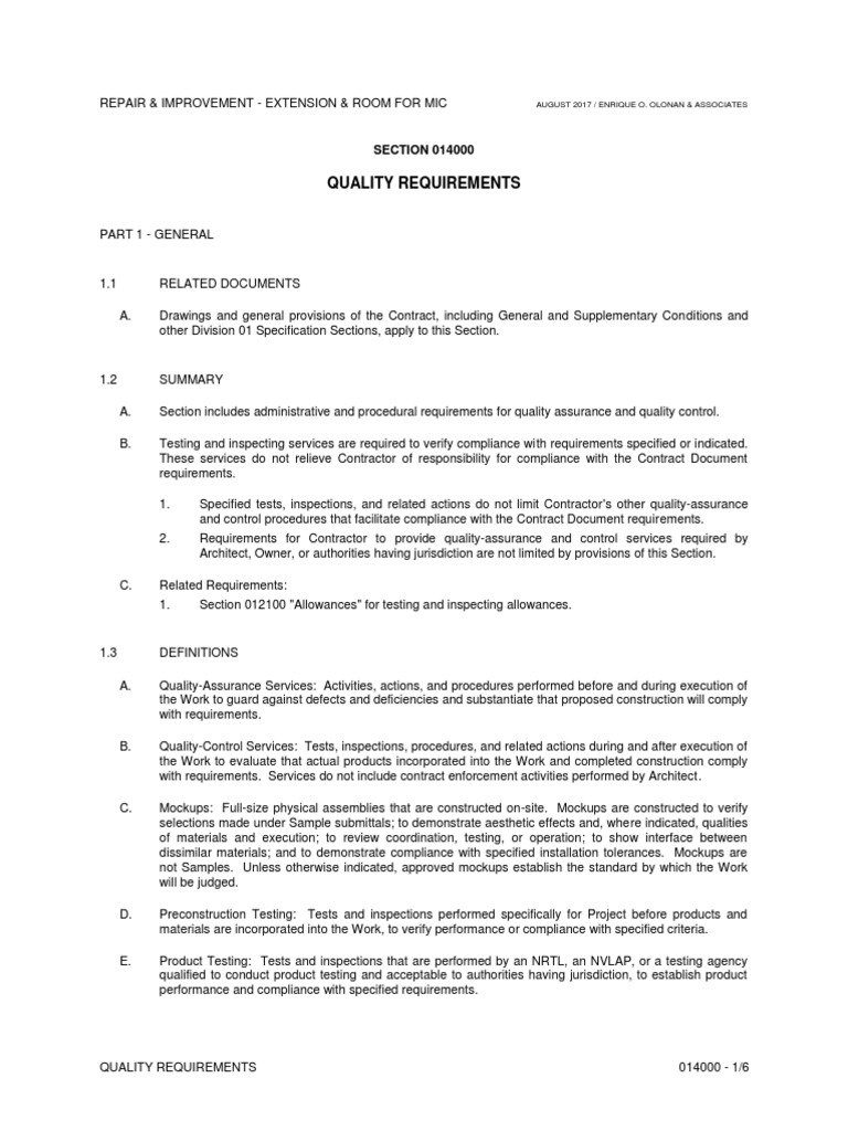 Quality Requirements | PDF | Specification (Technical Standard) | Architect