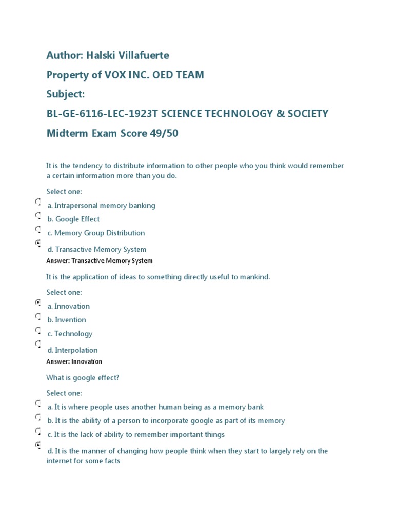 STS Midterm Exam Score 49 50 | Download Free PDF | Nanotechnology | Top ...