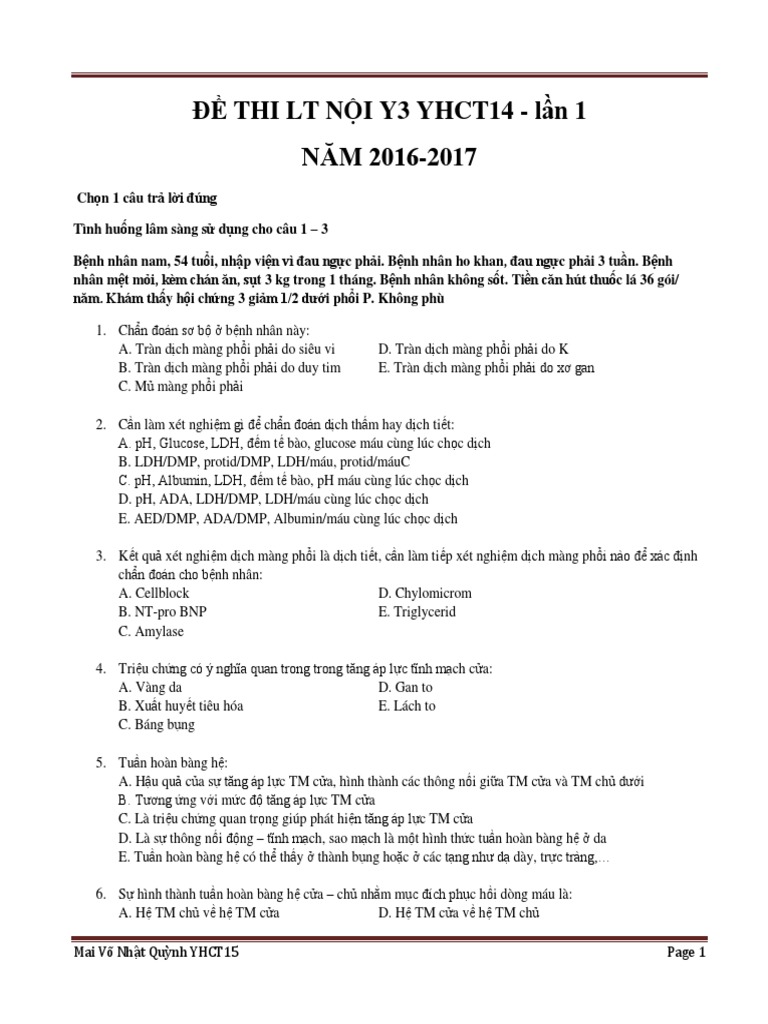 ĐỀ THI LT NỘI Y3 YHCT14 L1 20162017 | PDF
