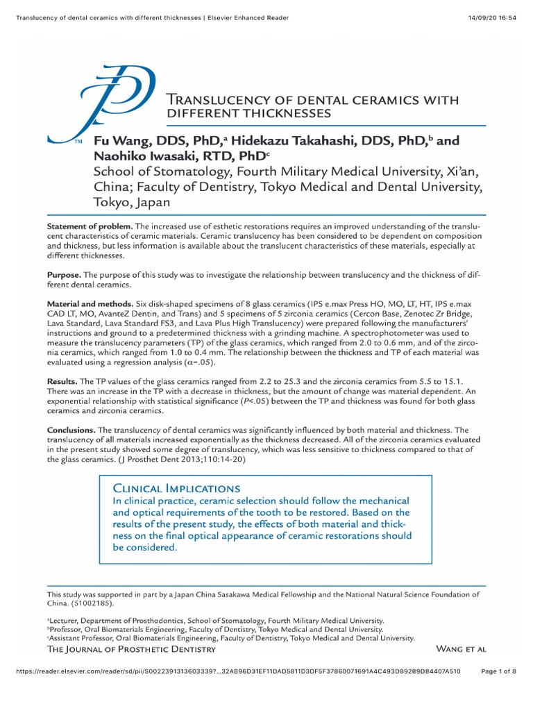 Translucency of Dental Ceramics With Different Thicknesses | PDF