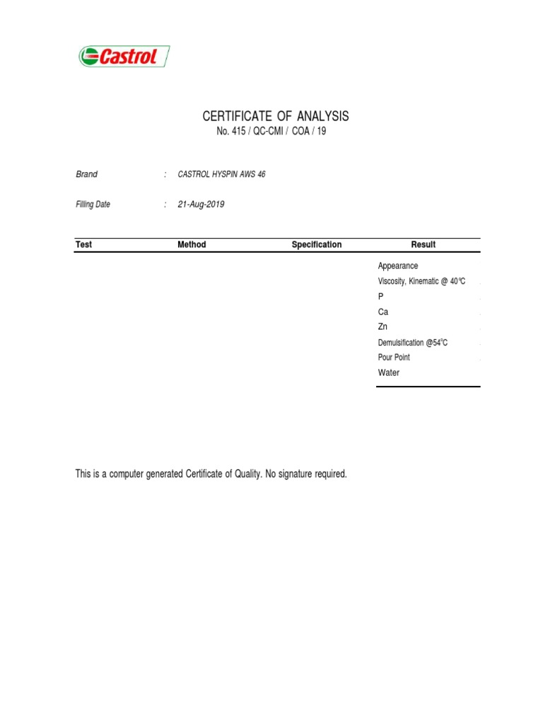 Castrol Hyspin AWS 46 COA 19 | PDF