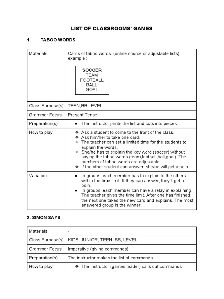 List of Classrooms' Games: 1. Taboo Words | PDF | Part Of Speech | Adverb