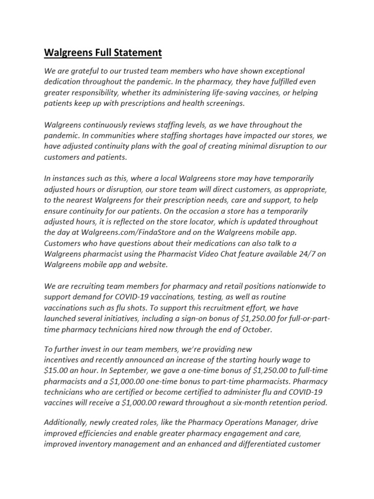 Walgreens Full Statement | PDF | Pharmacy | Pharmacist
