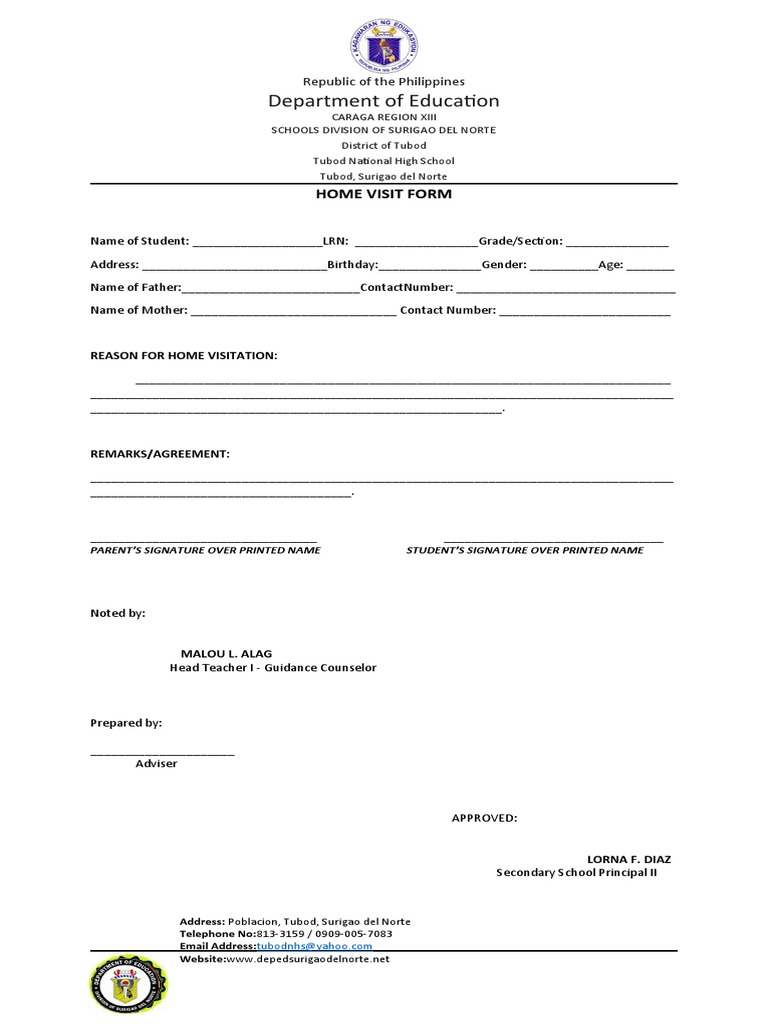 Department of Education: Home Visit Form | PDF