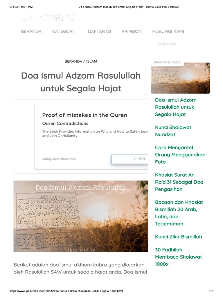 Doa Ismul Adzom Rasulullah Untuk Segala Hajat - Dunia Gaib Dan ...