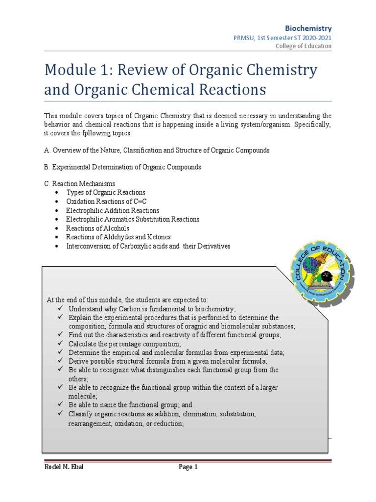 Module 1: Review of Organic Chemistry and Organic Chemical Reactions ...