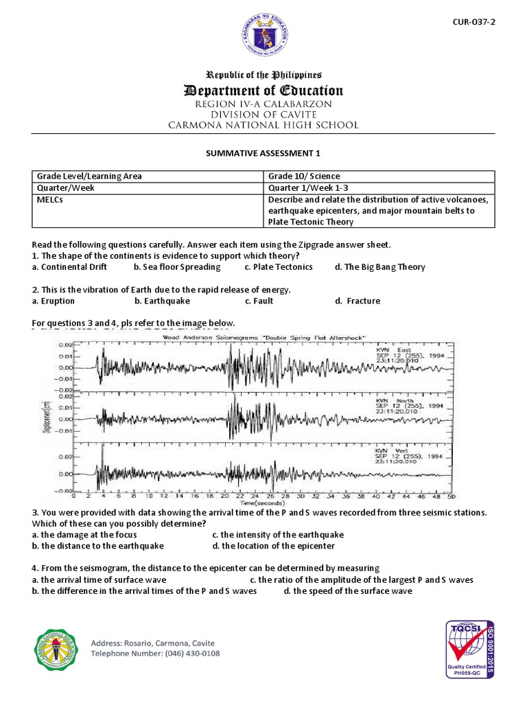 Grade 10 Science: Plate Tectonics Assessment | PDF | Earthquakes ...