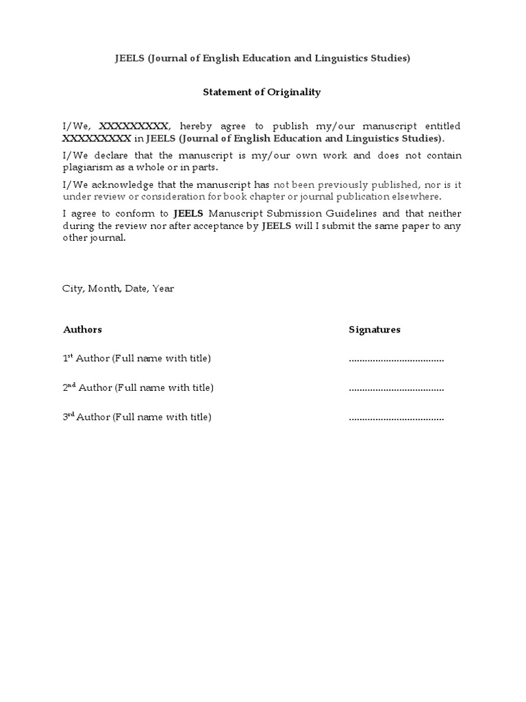 Statement of Originality for Manuscript Submission to the Journal of ...