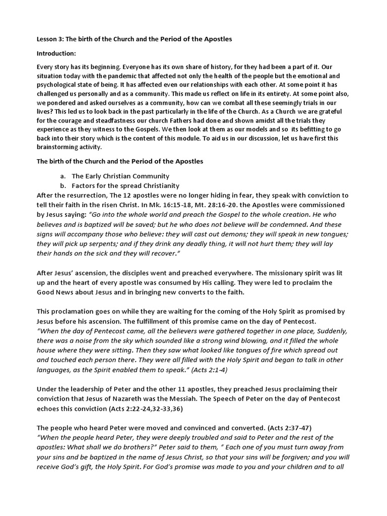 Period of The Apostles: Lesson 3: The Birth of The Church and The | PDF ...