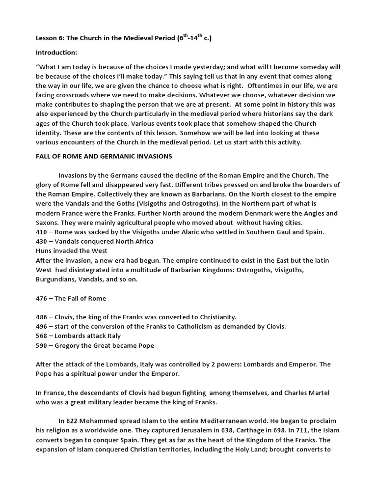 Lesson 6: The Church in The Medieval Period (6 - 14 C.) : TH TH | PDF ...